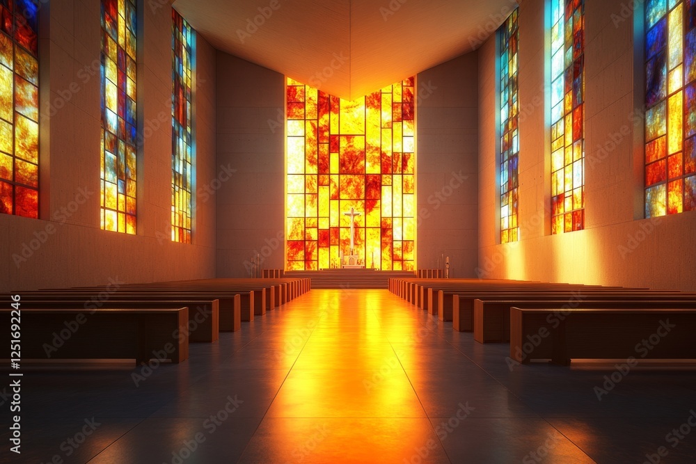 Sunlit Sanctuary A Modern Church Interior with Vibrant Stained Glass ...
