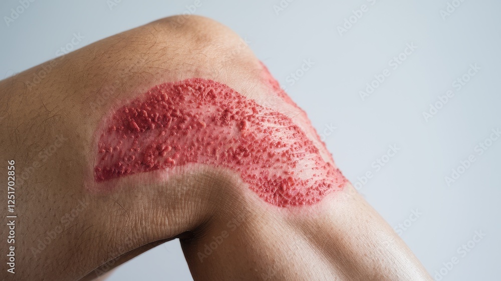Close-up view of a leg with a severe case of psoriasis, showing bumpy ...