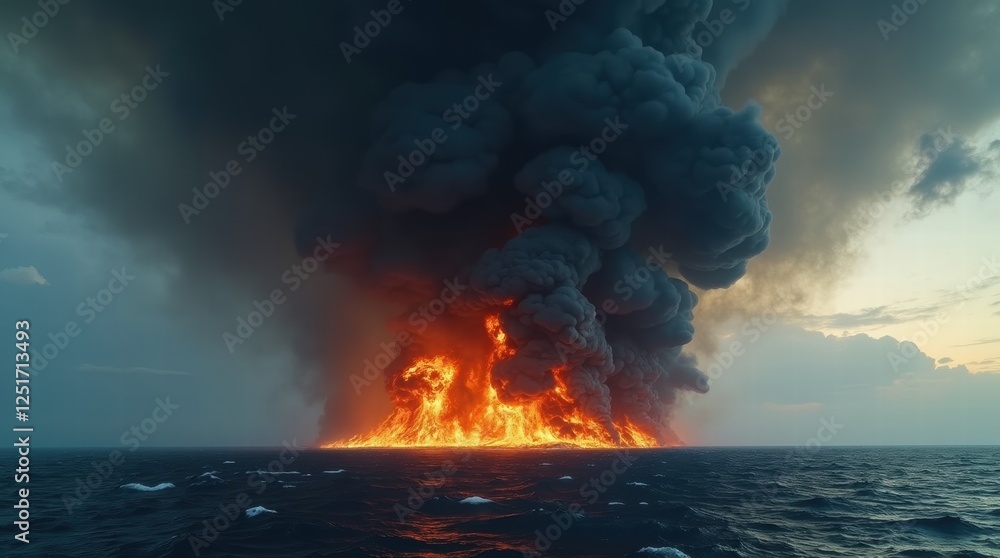 Thick black smoke rising from a fire on ocean waters, portraying ...