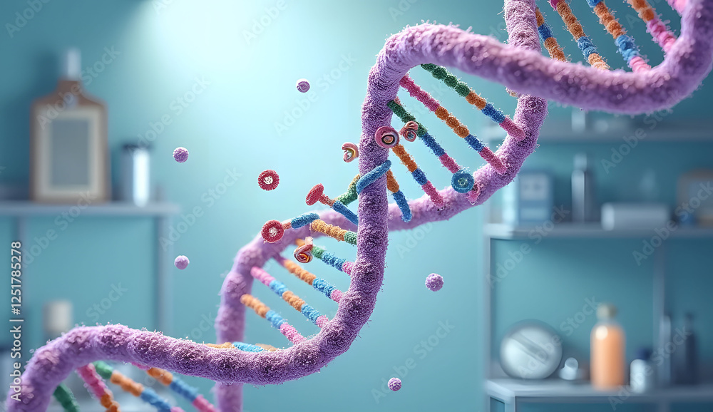 Microscopic illustration of DNA double helix structure, highlighting ...