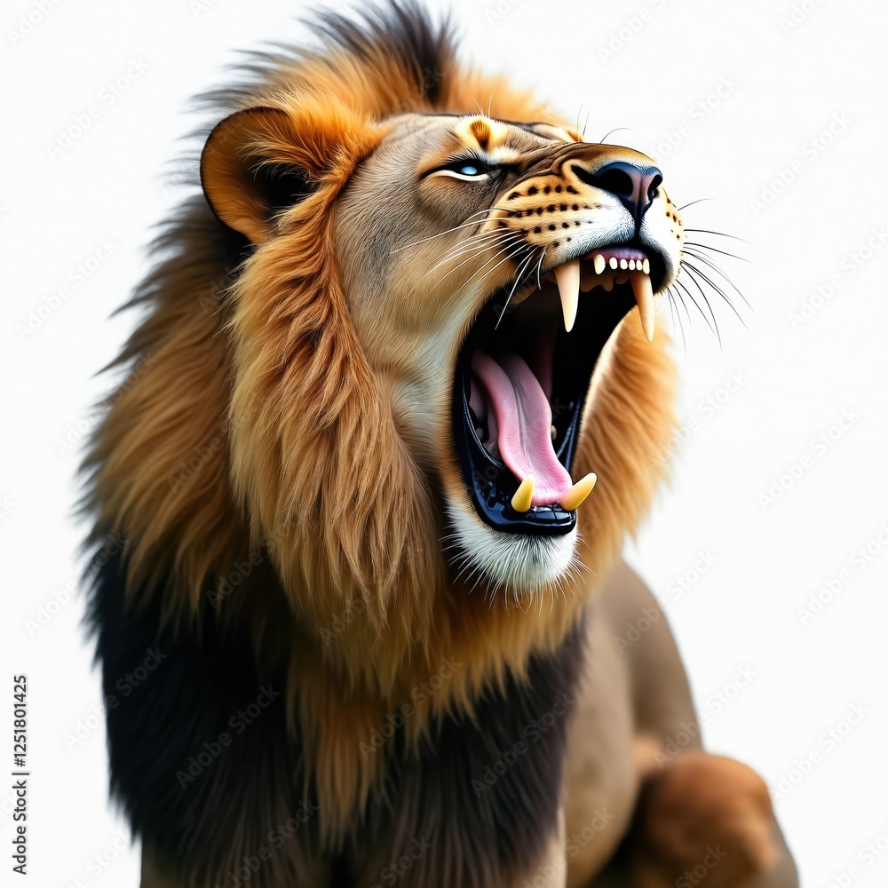 Roaring lion with open mouth shows teeth and tongue. Wild animal ...