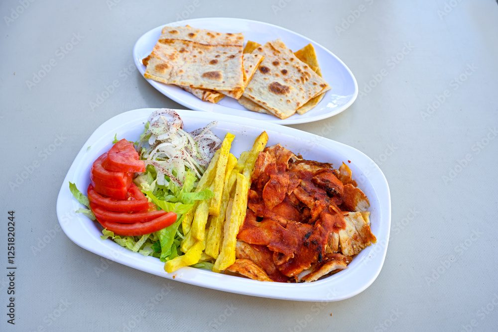 Lavash zurna doner kebab ( zurna durum ) or shawarma sliced in plate ...