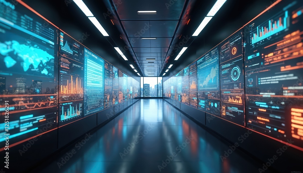 Futuristic data center hallway with multiple screens showing graphs ...