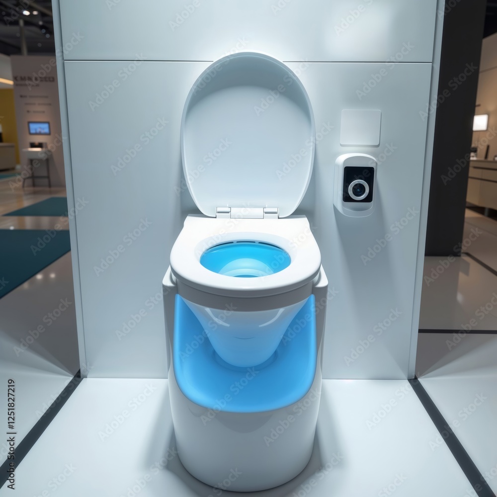 Modern Toilet. Front view of a modern, illuminated toilet with the lid ...
