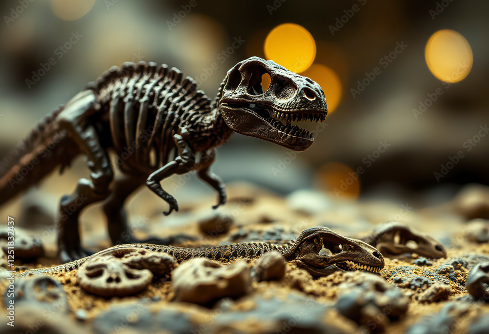 Close view of dinosaur fossils revealing the well-preserved skull of a ...
