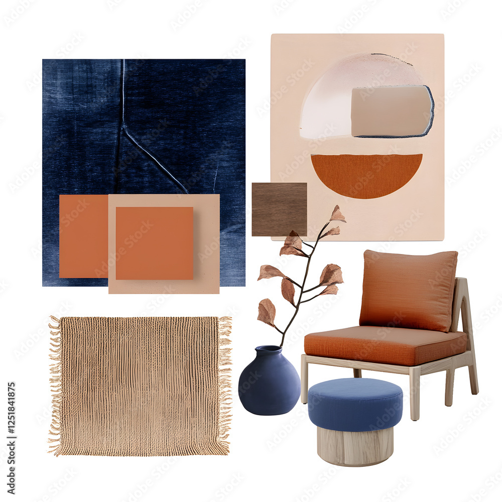 Interior design mood-board with natural materials, fabric swatches and ...