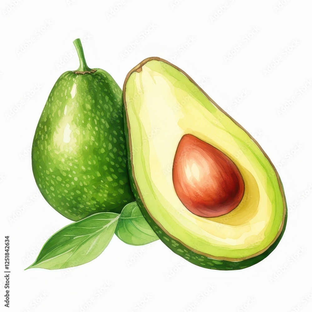 Realistic food art featuring avocados with brown seeds and leafy greens ...