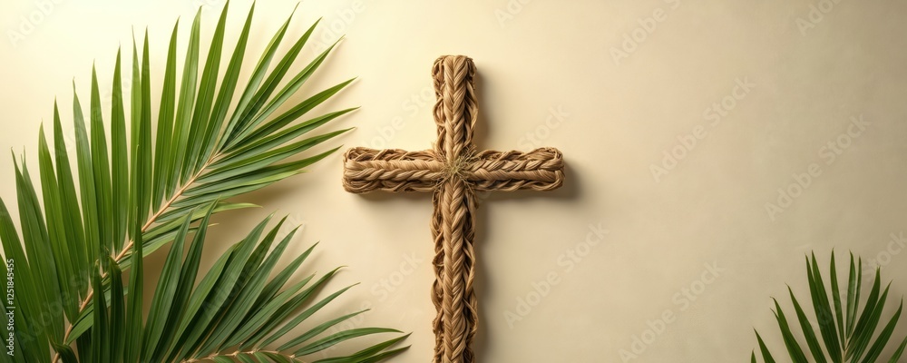 Braided palm cross with green palm leaves. Easter religious background ...