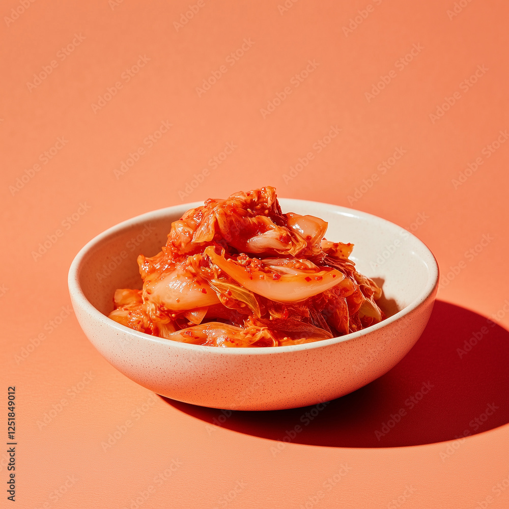 Traditional korean kimchi in a white ceramic bowl on a warm orange ...