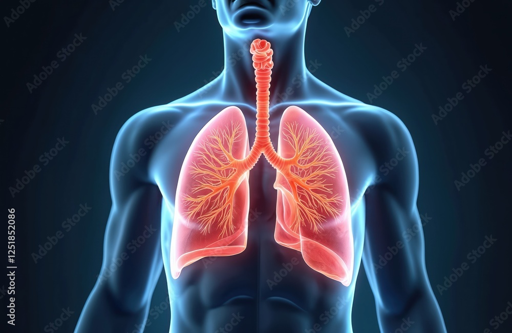 Digital illustration of human respiratory system. Red lungs, bronchial ...
