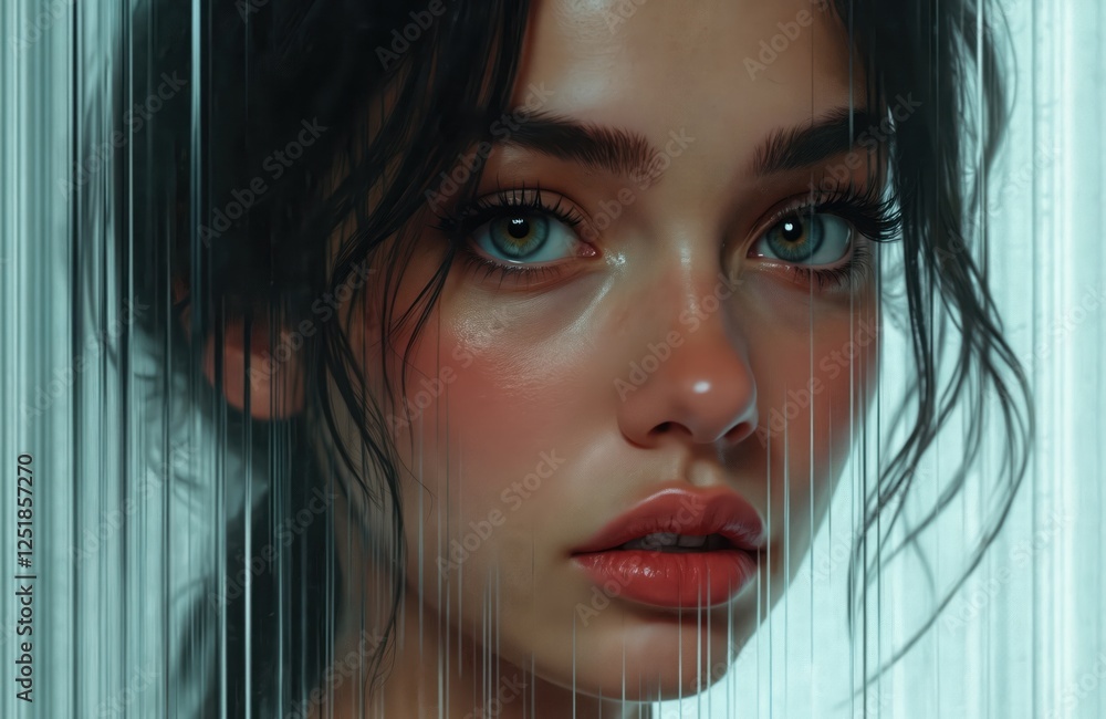 Illustration of beautiful young woman with glass texture. Model face ...