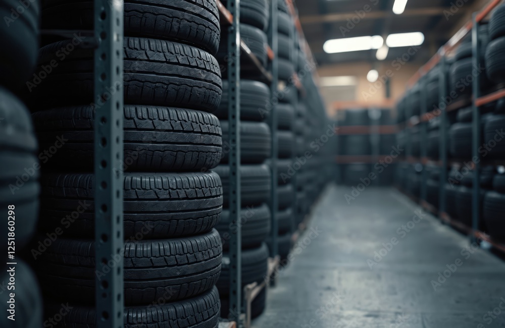 AI generated illustration of car tires stacked on metal shelfs in warehouse. Mix of tread ...