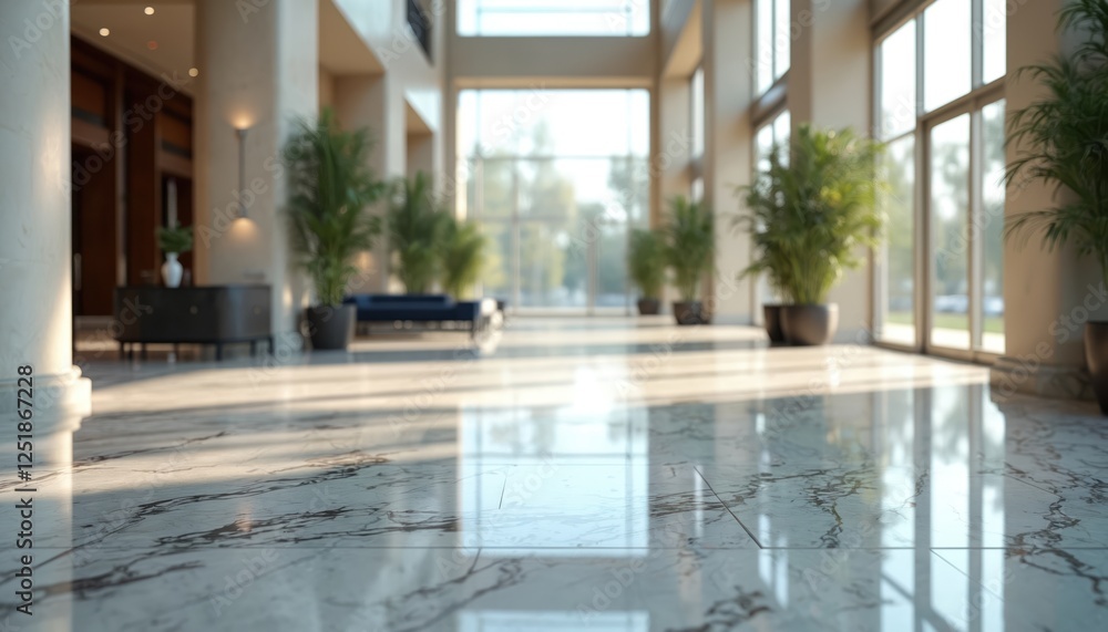 The image shows interior of luxury lobby, clean shiny marble tiled ...