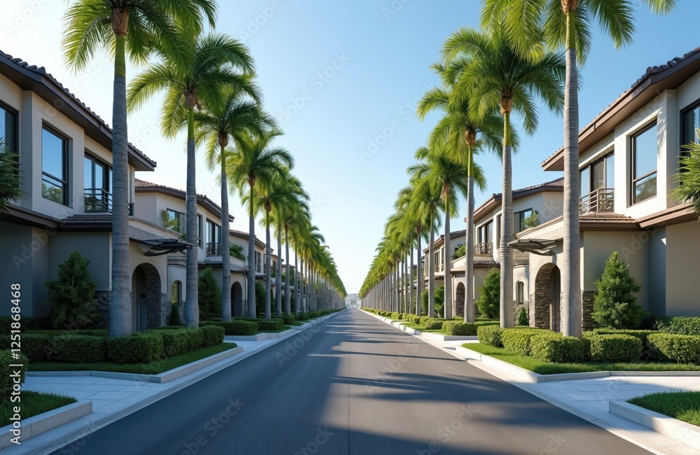 Illustration of residential street lined with symmetrical rows of palm ...