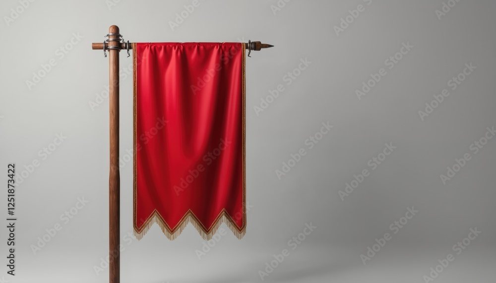 Red flag hangs a wooden pole. This rectangular shape medieval pennon ...