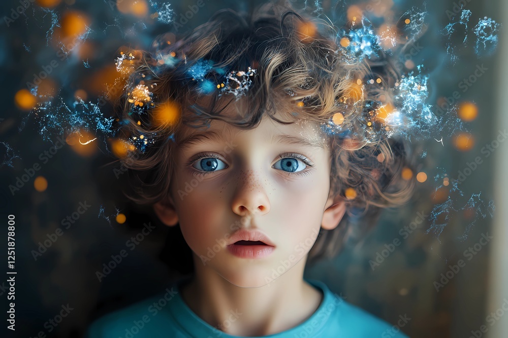Portrait of a curious child with blue eyes, glowing neural sparks ...