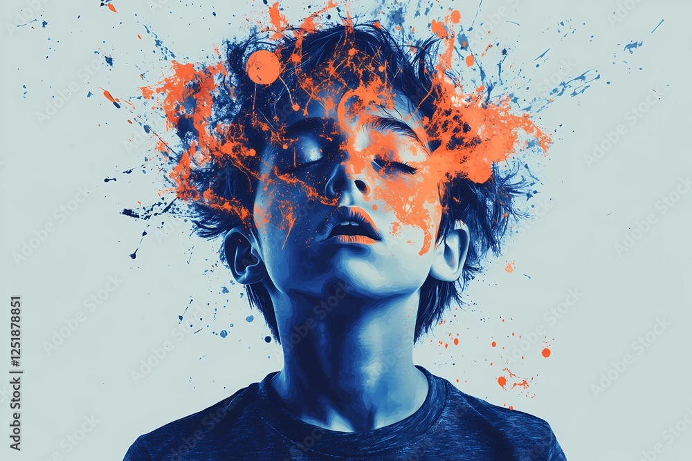 Surreal digital illustration of a child with closed eyes, ADHD concept ...