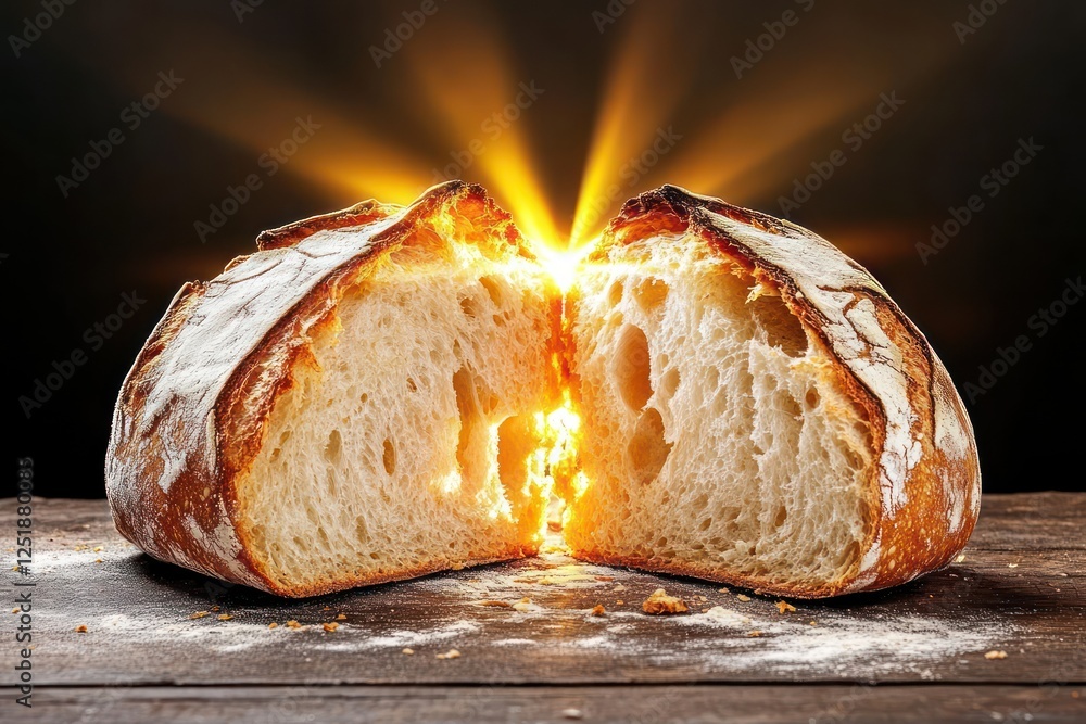 Freshly baked bread is split apart, radiating light, representing the ...