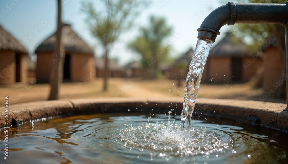 Clean water flows from well tap in village. Community well provides ...