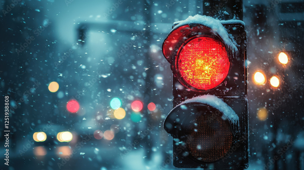 Snow-covered traffic light glows red on a cold winter evening with ...