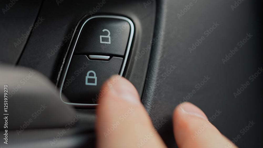 Driver press lock button for locking the vehicle door. Person push car ...