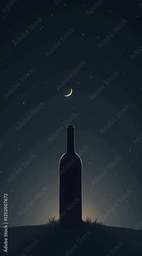 Minimalist Wine Bottle Standing Under a Faint Crescent Moon with Soft ...