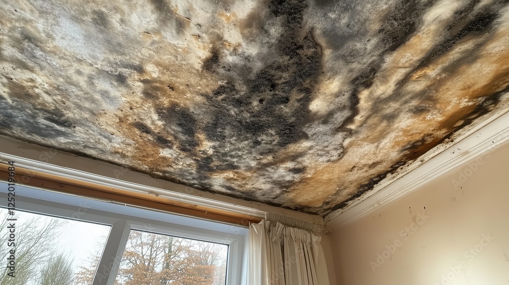 Dark black mold and mildew spread across a damp ceiling, forming eerie ...