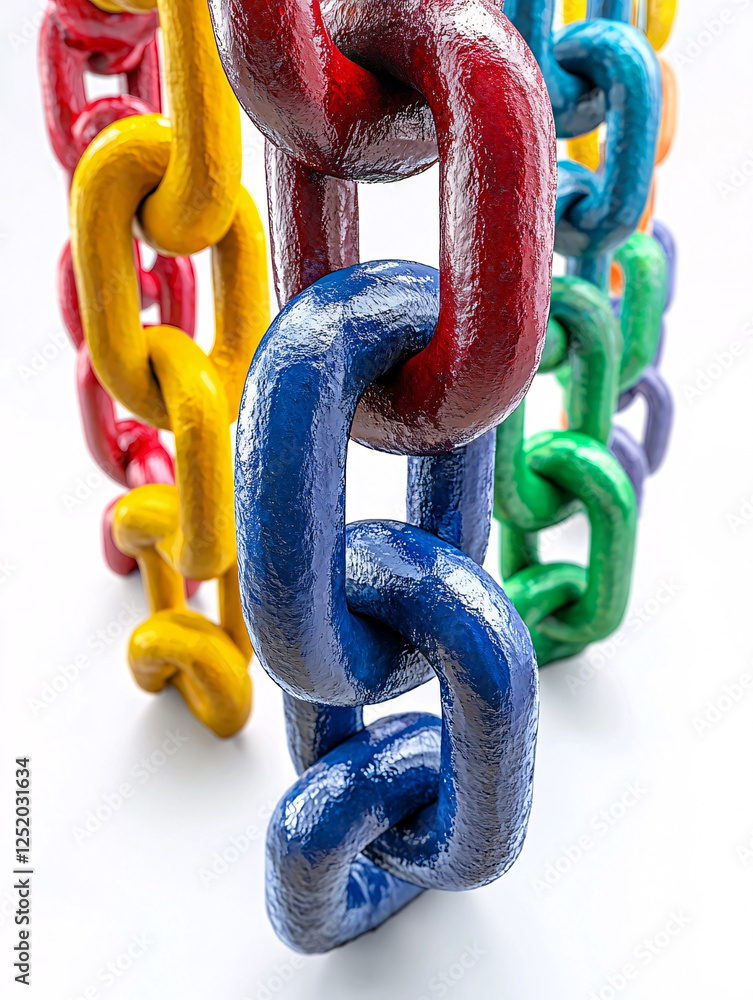 Interlocking chains painted in vivid, primary colors, creating a strong ...
