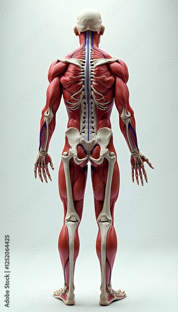 male rear skeleton view muscular split anatomical backbone background ...