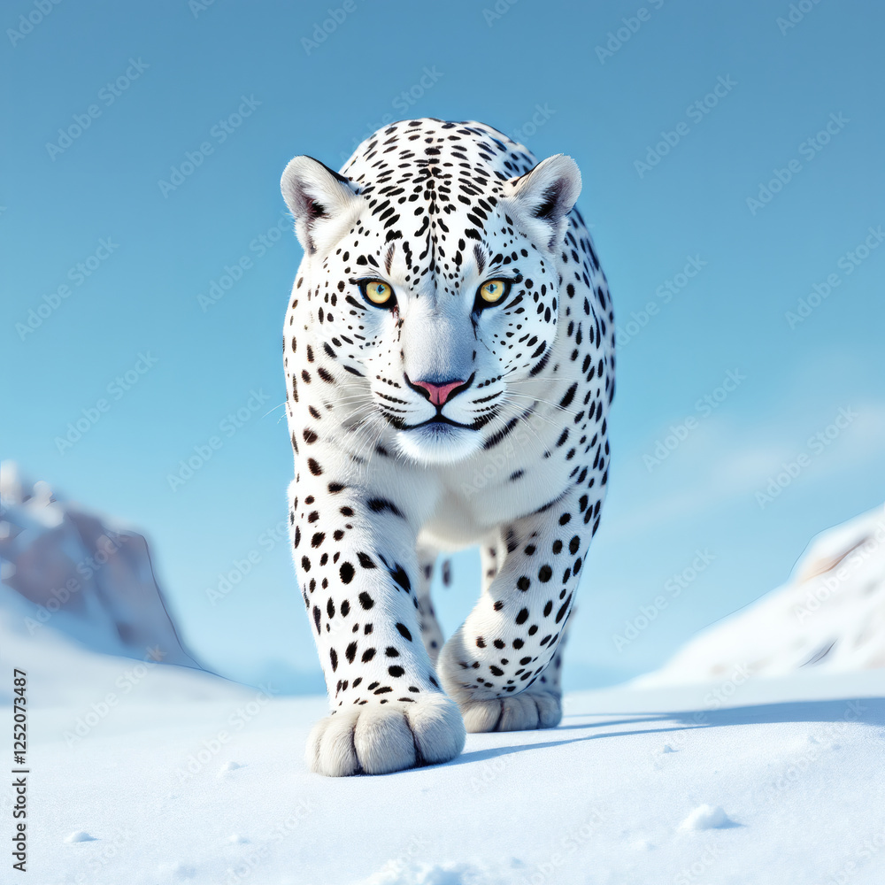 Stunning front view of a rare white jaguar walking on the North Pole ...