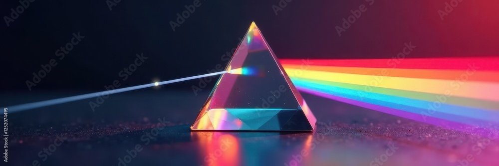 Close-up of prism dispersing light into rainbow spectrum, photon ...