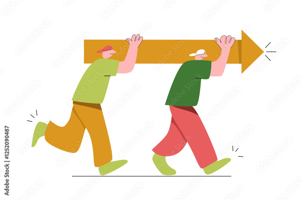 Two young people walk forward and carry large arrow on their shoulders ...