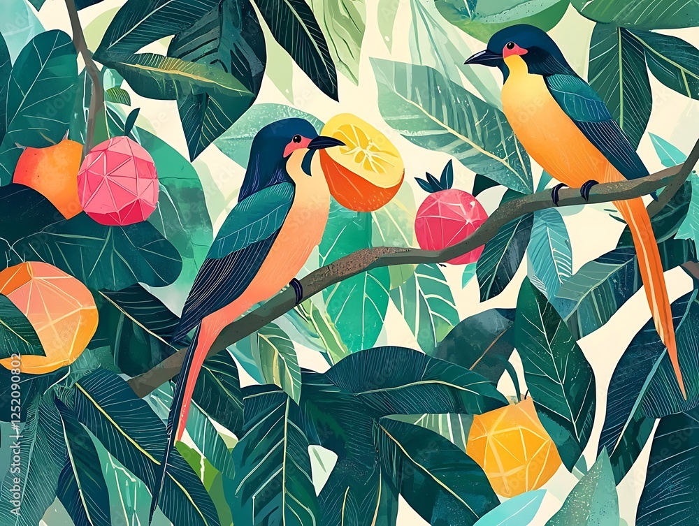 Illustrated poster featuring tropical birds with geometric fruits in a ...