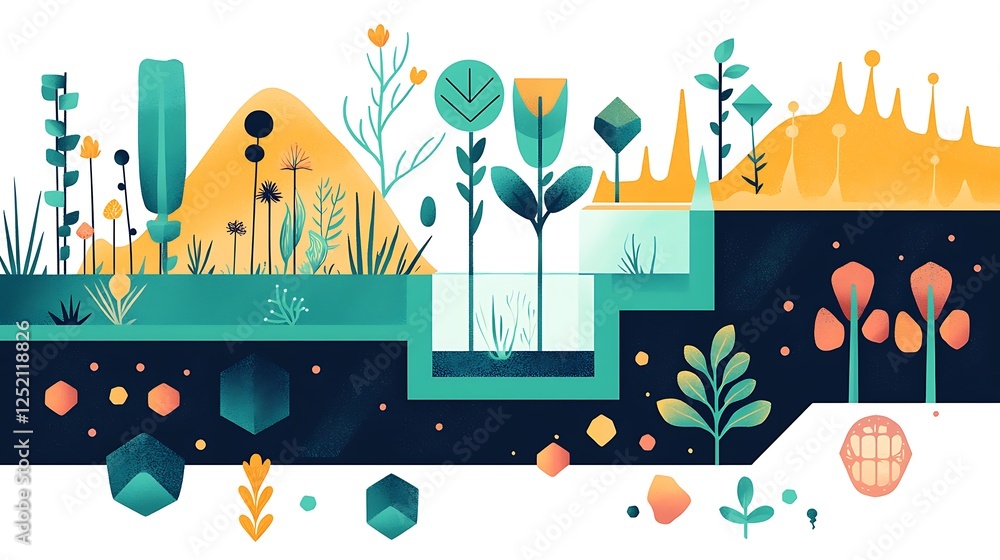 Illustrated ecosystem featuring interconnected geometric shapes ...