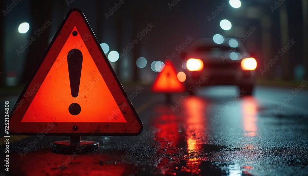 Red warning sign with exclamation mark on wet road at night. Dangerous ...