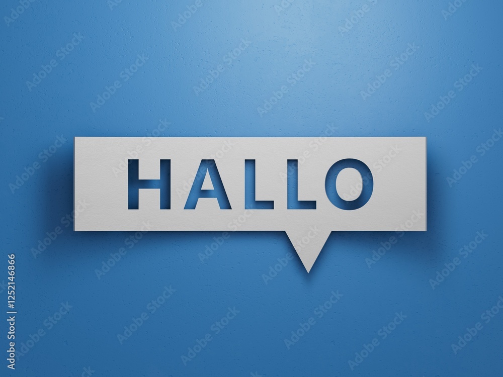 3D illustration of "HALLO" in German, using a bold dynamic font. It ...