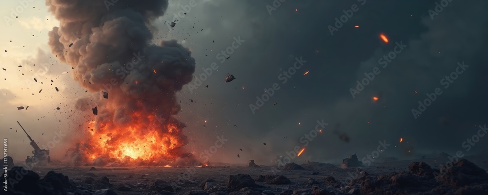 Military theme banner illustration. Large explosion, ash, smoke ...