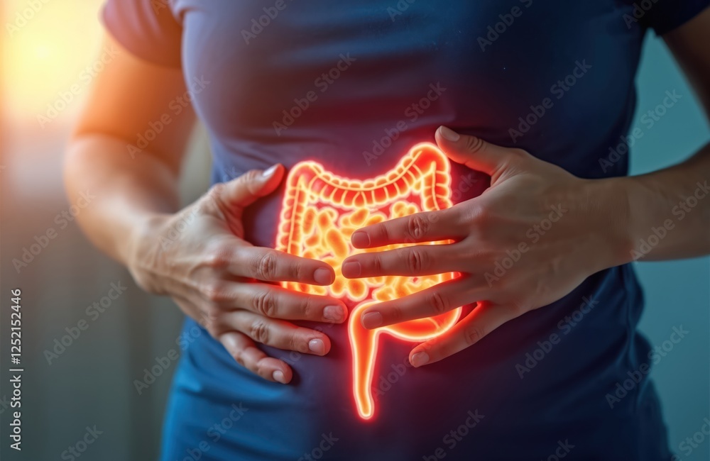 Illustration shows woman holding stomach with intestine highlighted in ...