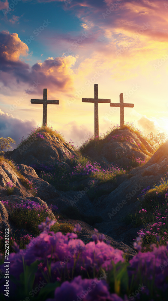 Easter cross on hill, flower aroung, sunset, bible resurrection tomb ...