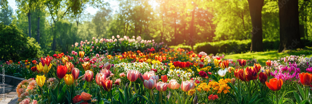 Copy space in april spring time, flower, young tree, waterfall, sunrise ...