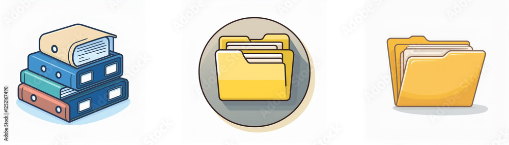 Icons depicting file organization. Stacked binders, a round folder icon ...