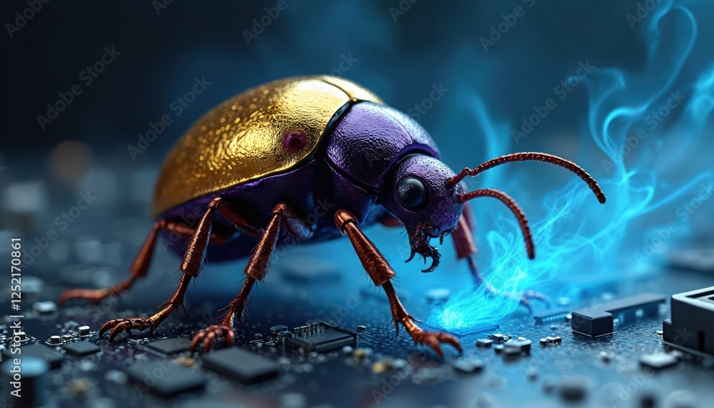 Illustration of beetle destroying computer circuit board. Concept of ...