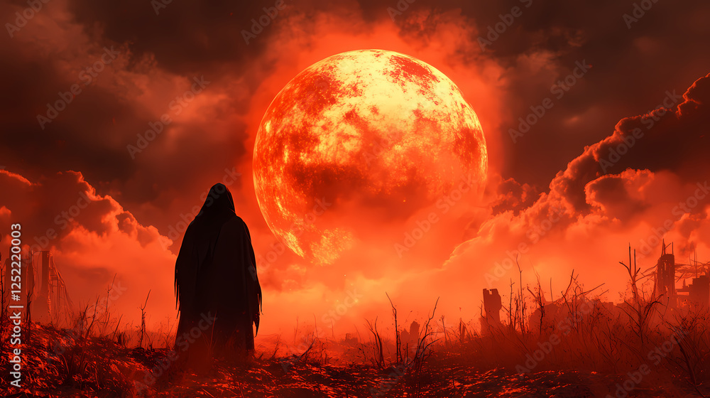 Silhouette of a cloaked figure in a fiery, alien landscape dominated by ...