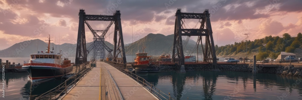 Stock-Foto „Double deck lift bridge with boat ramp and fishing boats in ...