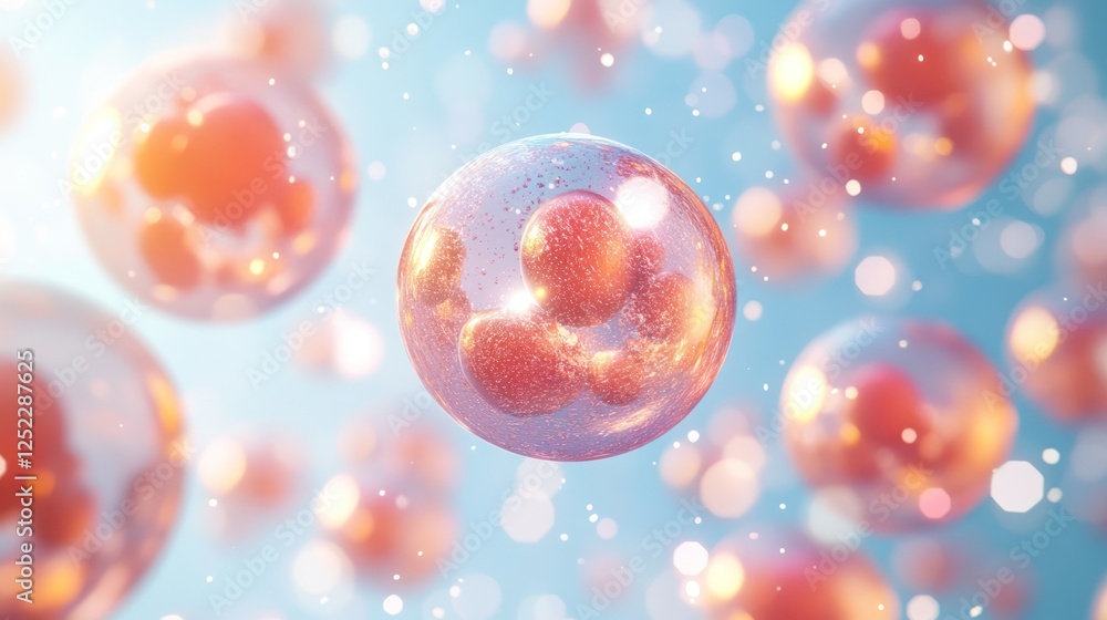 Microscopic spheres, translucent orbs with internal structures ...