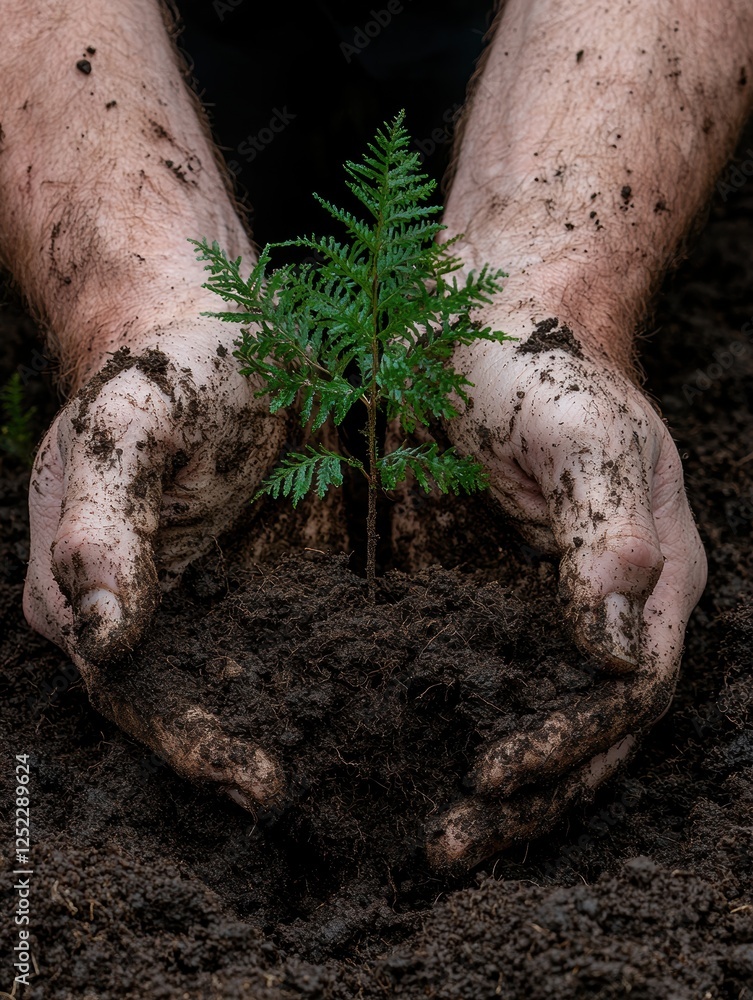 Hands holding a small tree seedling with soil, symbolizing growth and ...