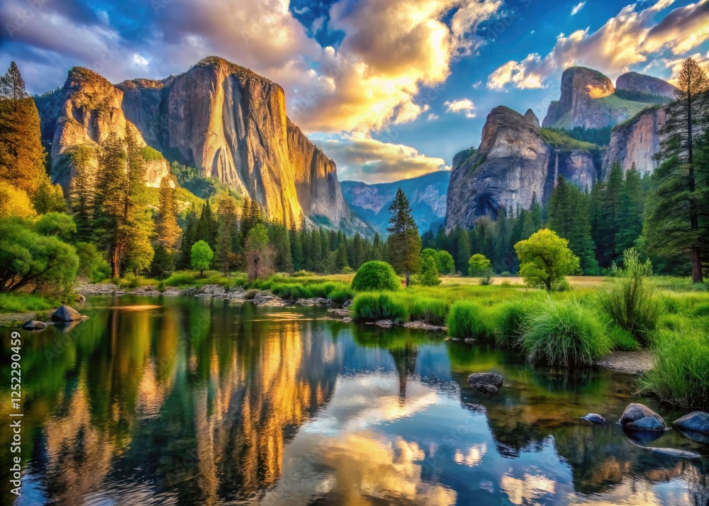 Stunning cliffside landscape: Yosemite's river reflects its grandeur, a ...
