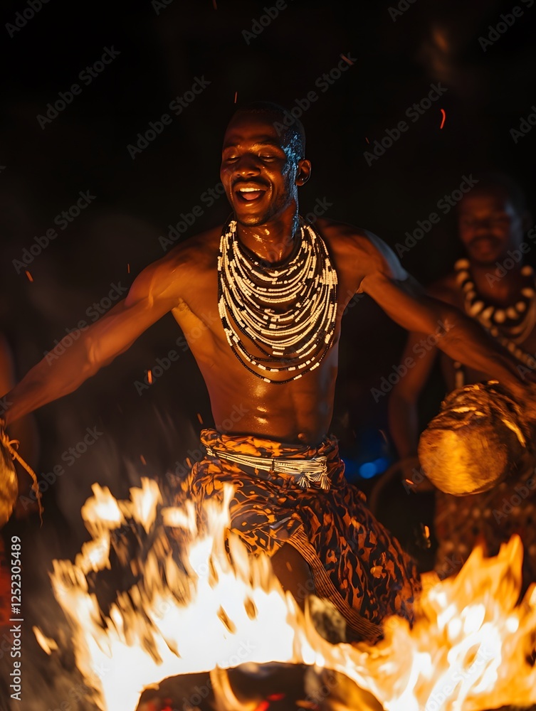 African tribal dance around a roaring fire, vibrant traditional attire ...