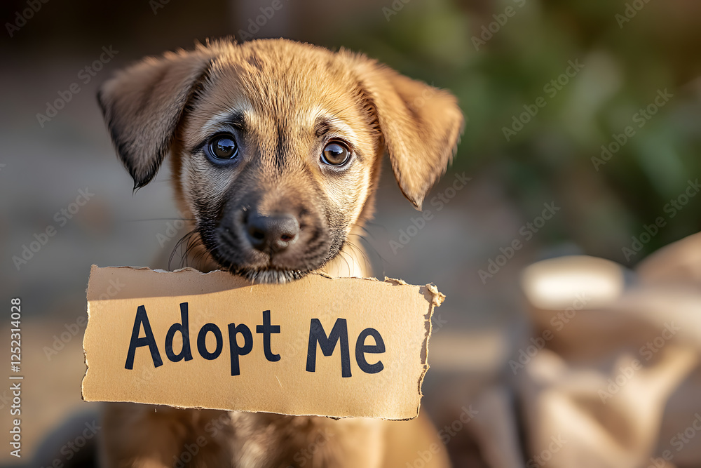 Lovable small puppy with an "Adopt Me" sign, sitting calmly and gazing ...