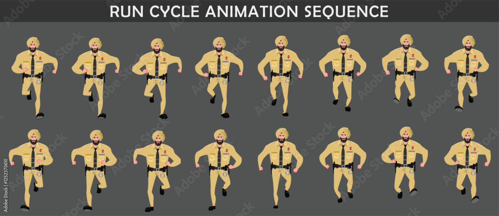 Police Officer Character Run cycle animation sequence. Front running frame by frame animation ...